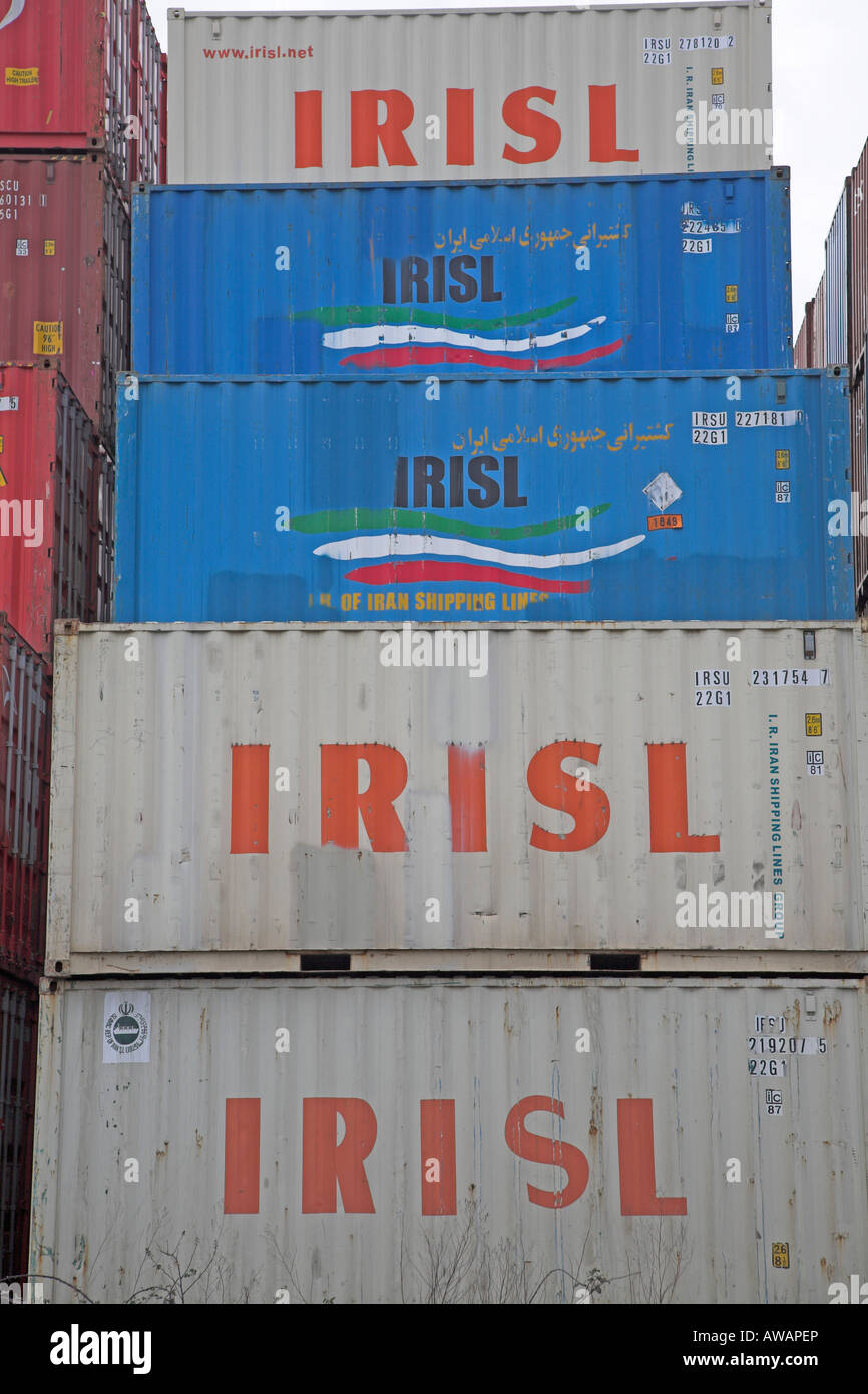 Stacked shipping containers of IRISL Port of Felixstowe, Suffolk ...