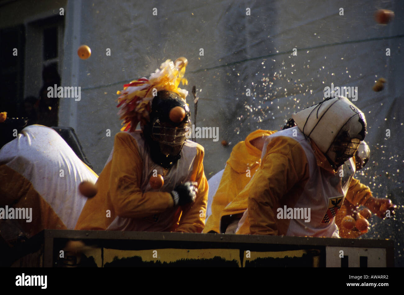 Orange battle at the carnival of Ivrea, Italy. Close-up of orange ...