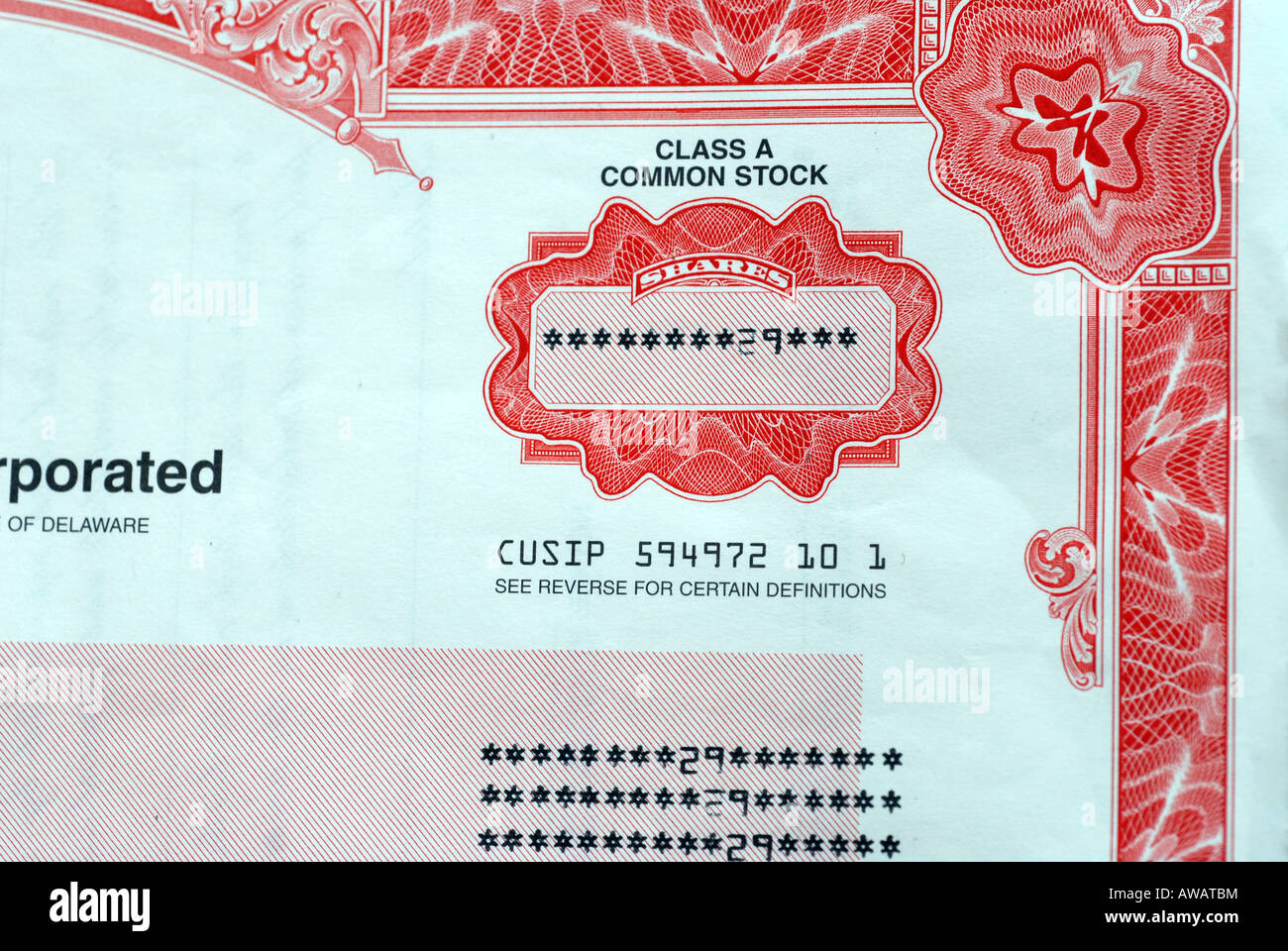 Miscrostrategies stock certificate on white background (closeup Stock ...