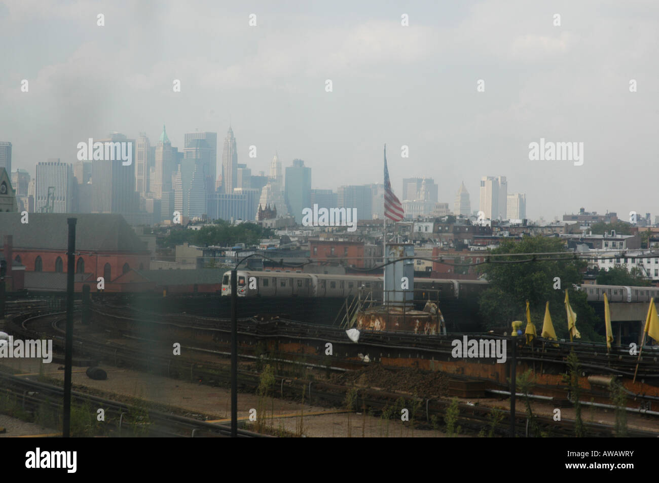 View of Manhattan from the window of a Brooklyn subway New York USA ...
