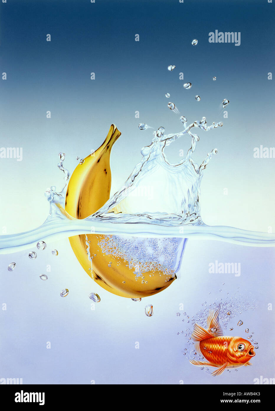 banana splashing into water with gold fish scared Stock Photo - Alamy
