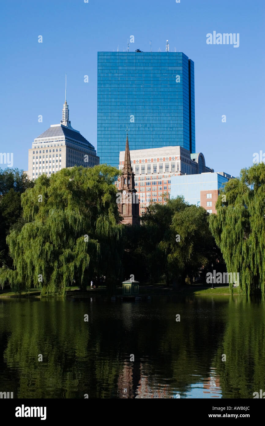 Boston Public Garden, Massachusetts, USA, Back Bay buildings and church ...