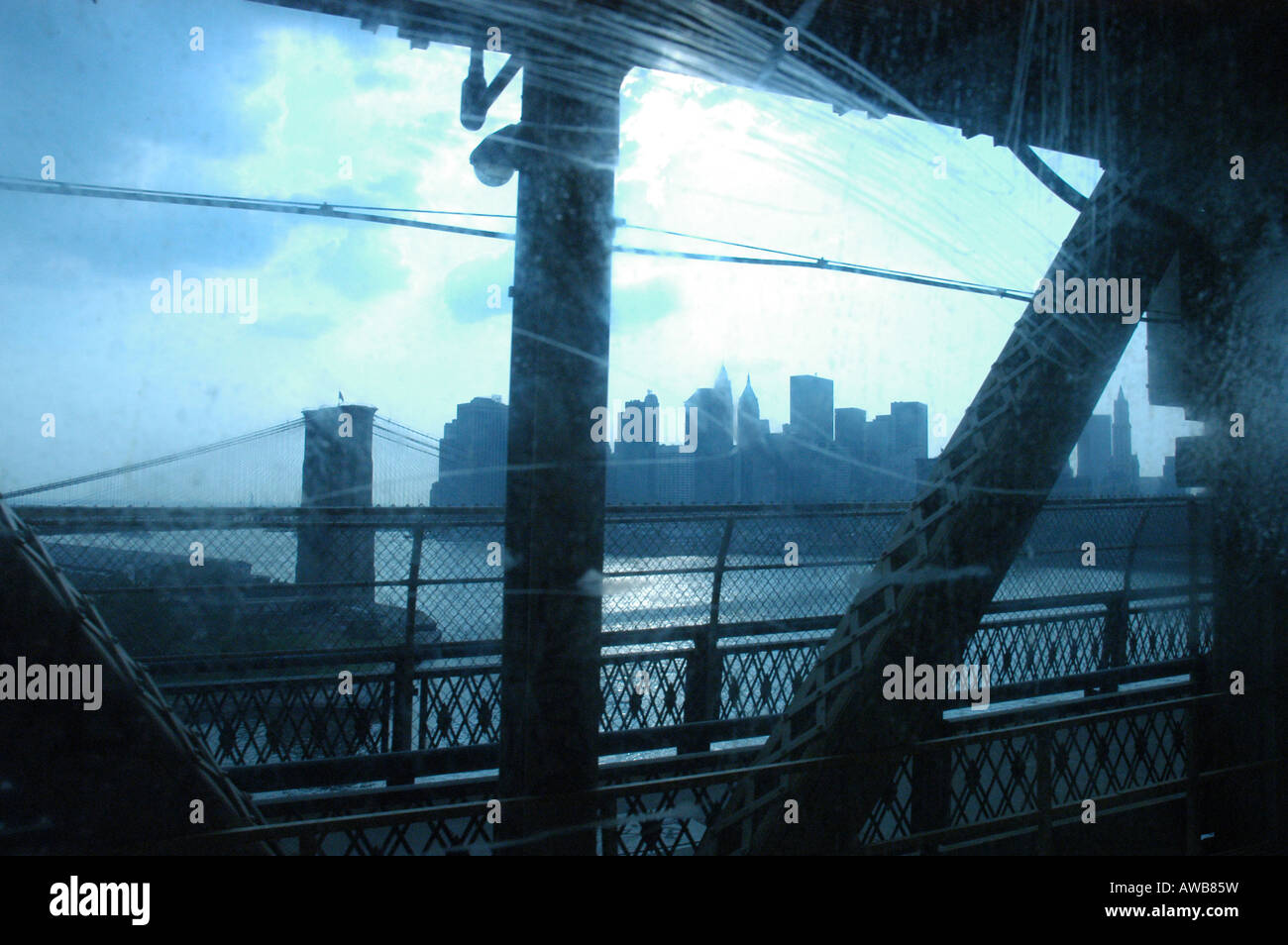 View of Manhattan from the window of the subway inside Manhattan Bridge ...