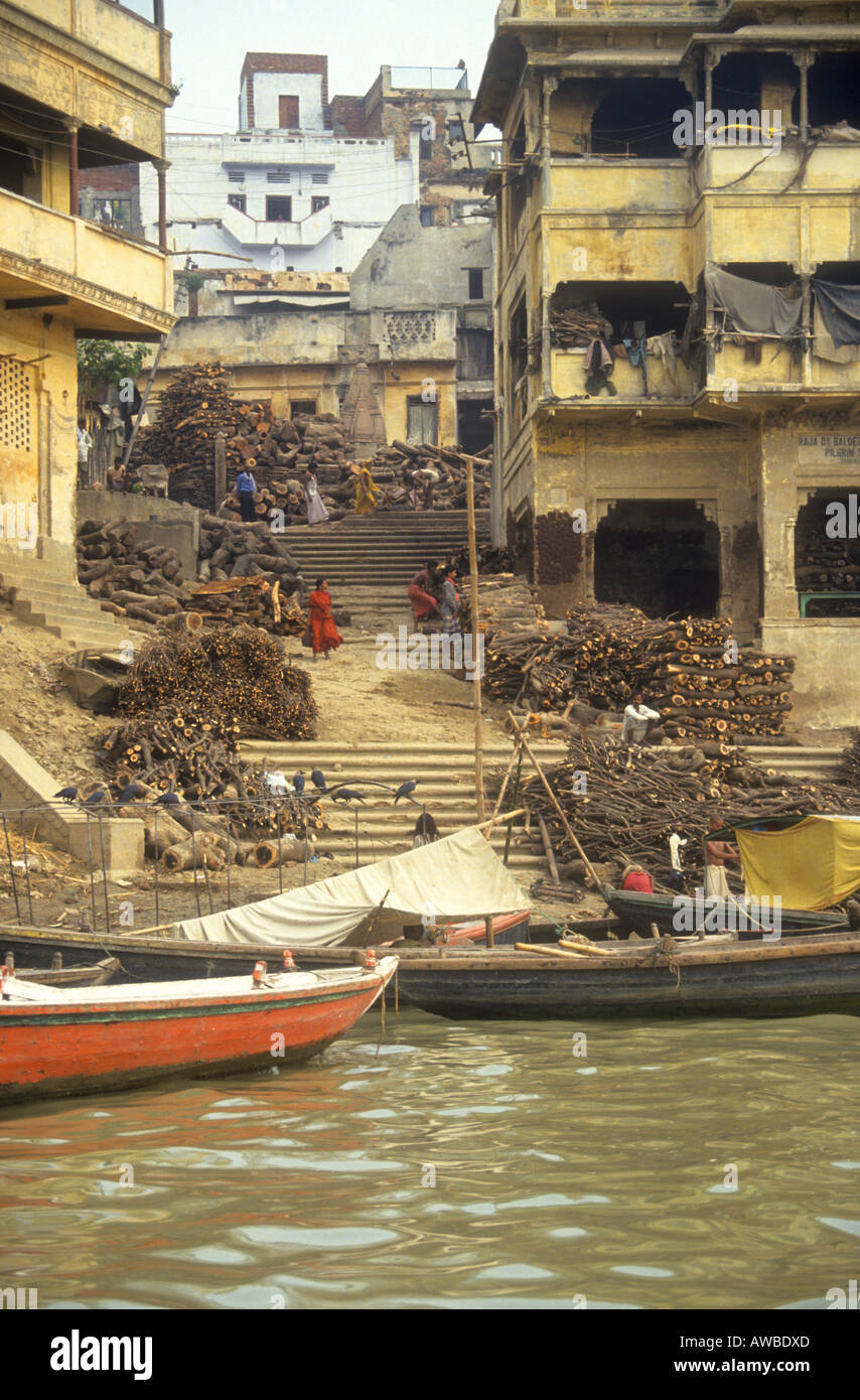 The burning Ghats where cremations take place on the banks of the ...