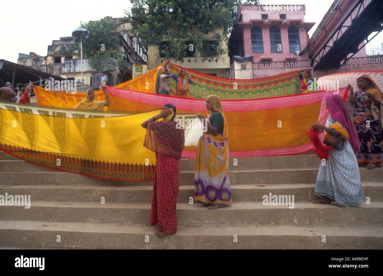 Sari Laundry on the banks of the holy river Ganges at Varanasi ,Benares ...