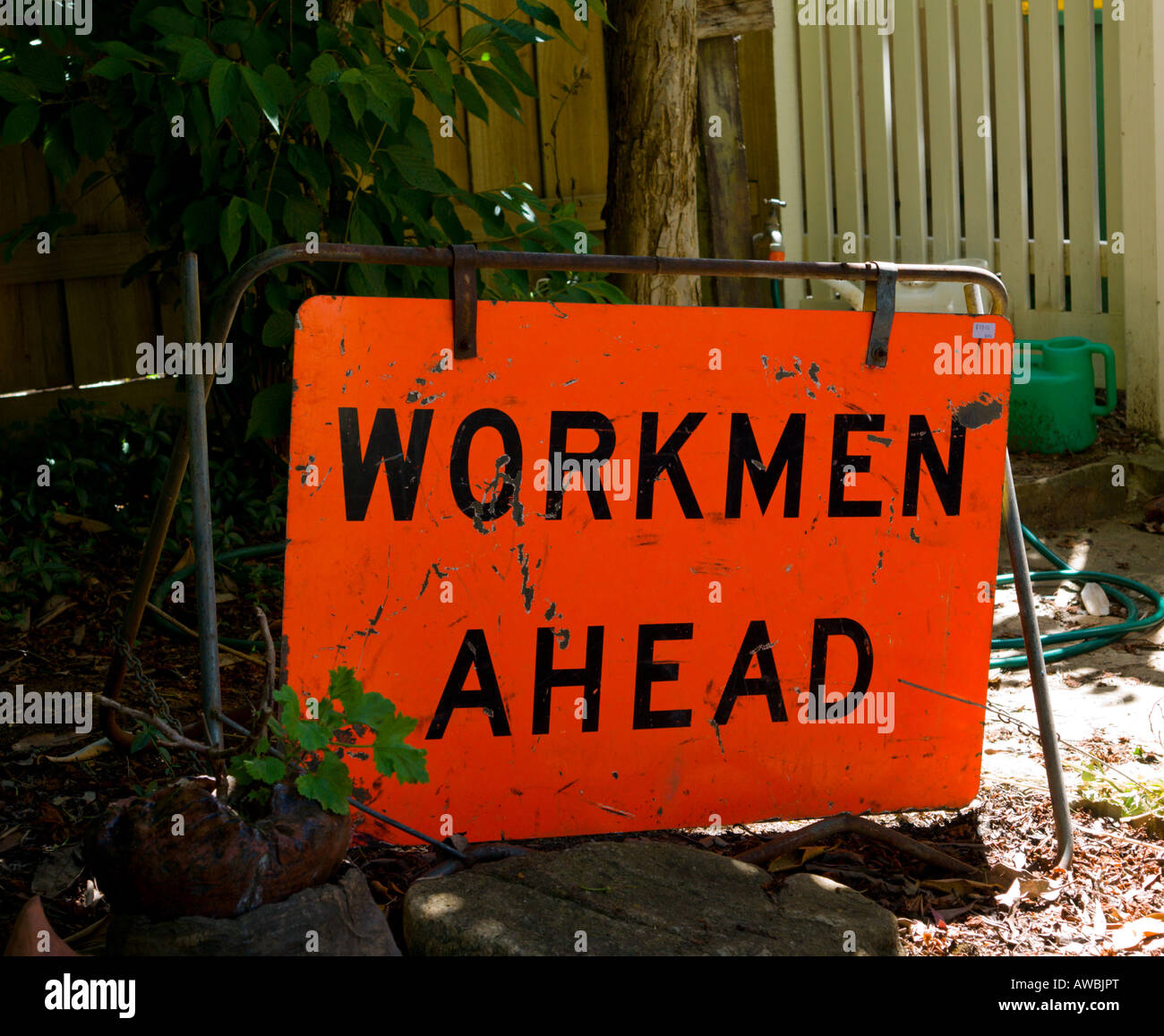 A workmen ahead sign Stock Photo - Alamy