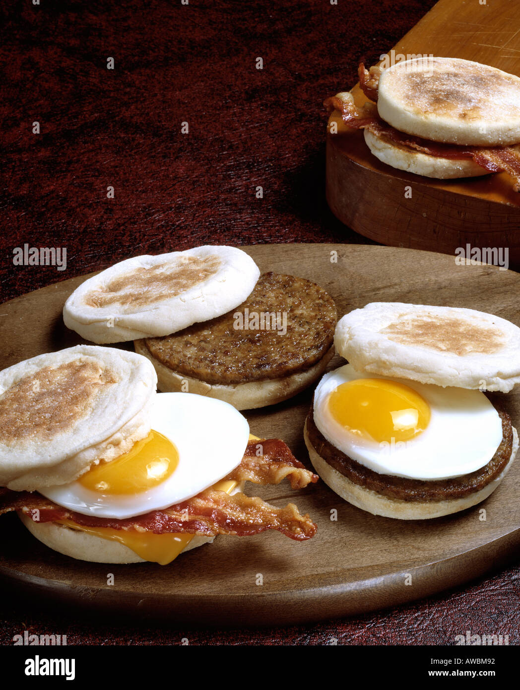 hearty breakfast two fried eggs sunny side up english muffin sandwiches ...