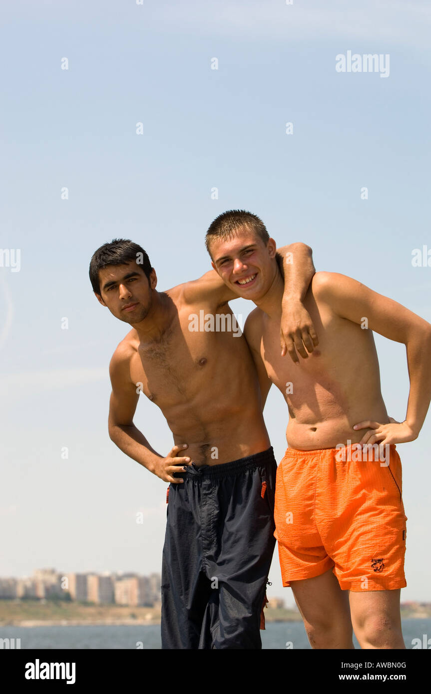 Two boys at the seafront, Europe Romania Black Sea Coast Constanta ...