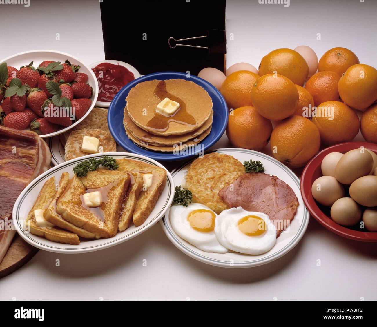 hearty breakfast assortment two fried eggs sunny side up bacon strip ...