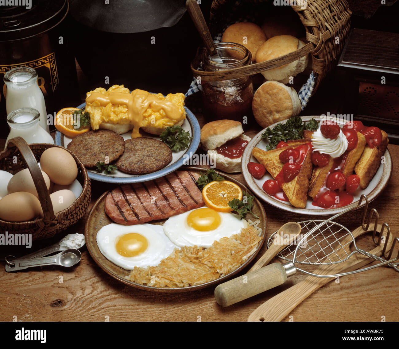 hearty breakfast assortment two fried eggs sunny side up bacon strip ...