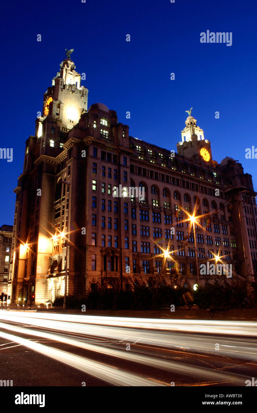 Liver Building in Liverpool at Night on jaunty angle with car light ...