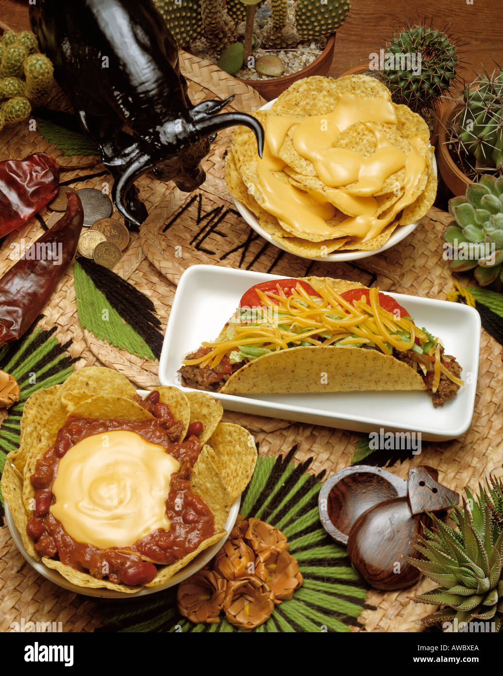 assorted mexican style foods taco salad chips melted cheese hot peppers ...