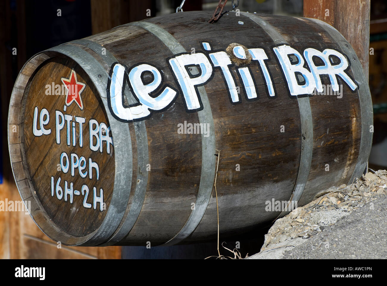 barrel sign outside cafe bar, chatel, french alps, france Stock Photo ...