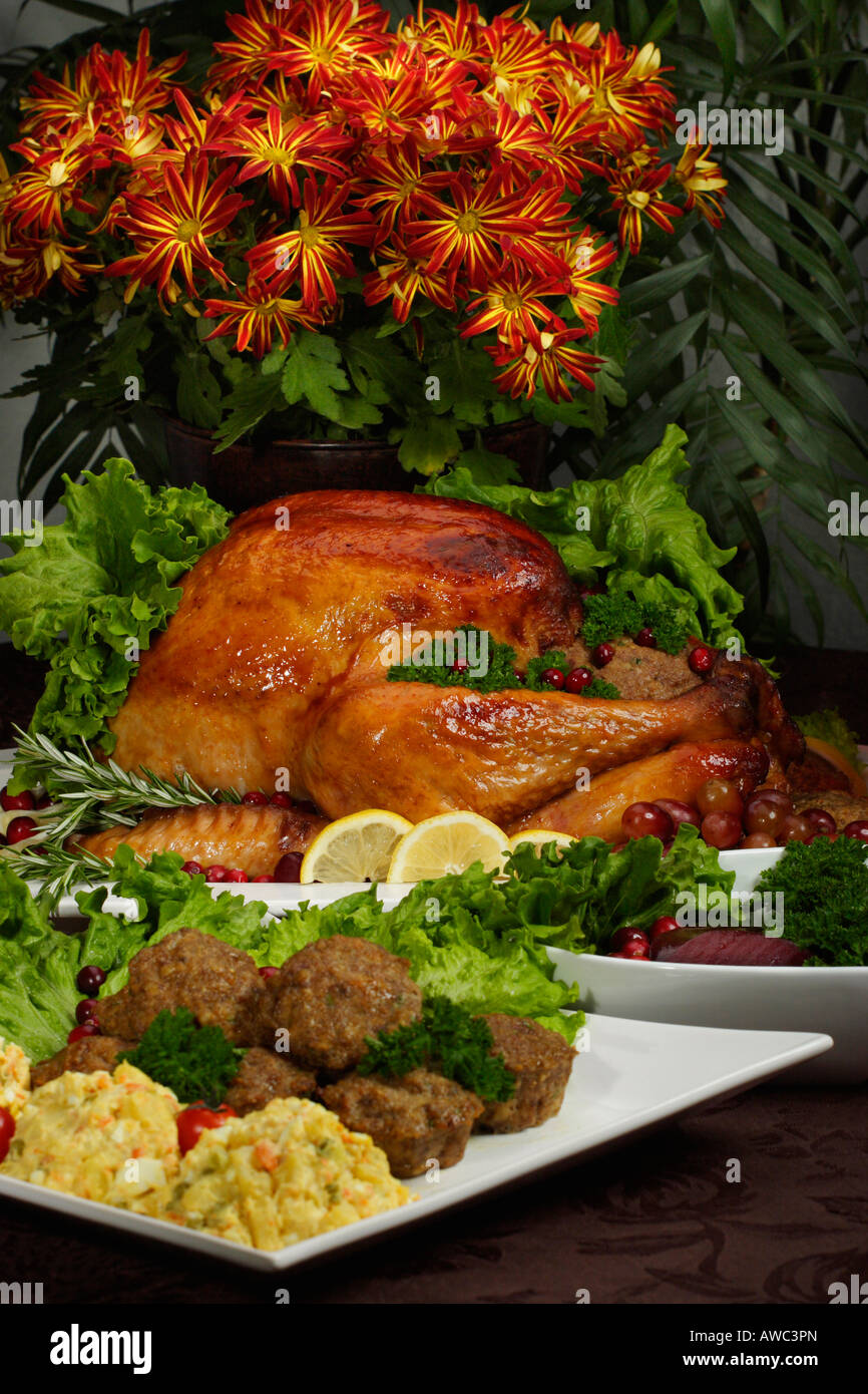 Thanksgiving dinner on the table roasted whole turkey with potato salad ...