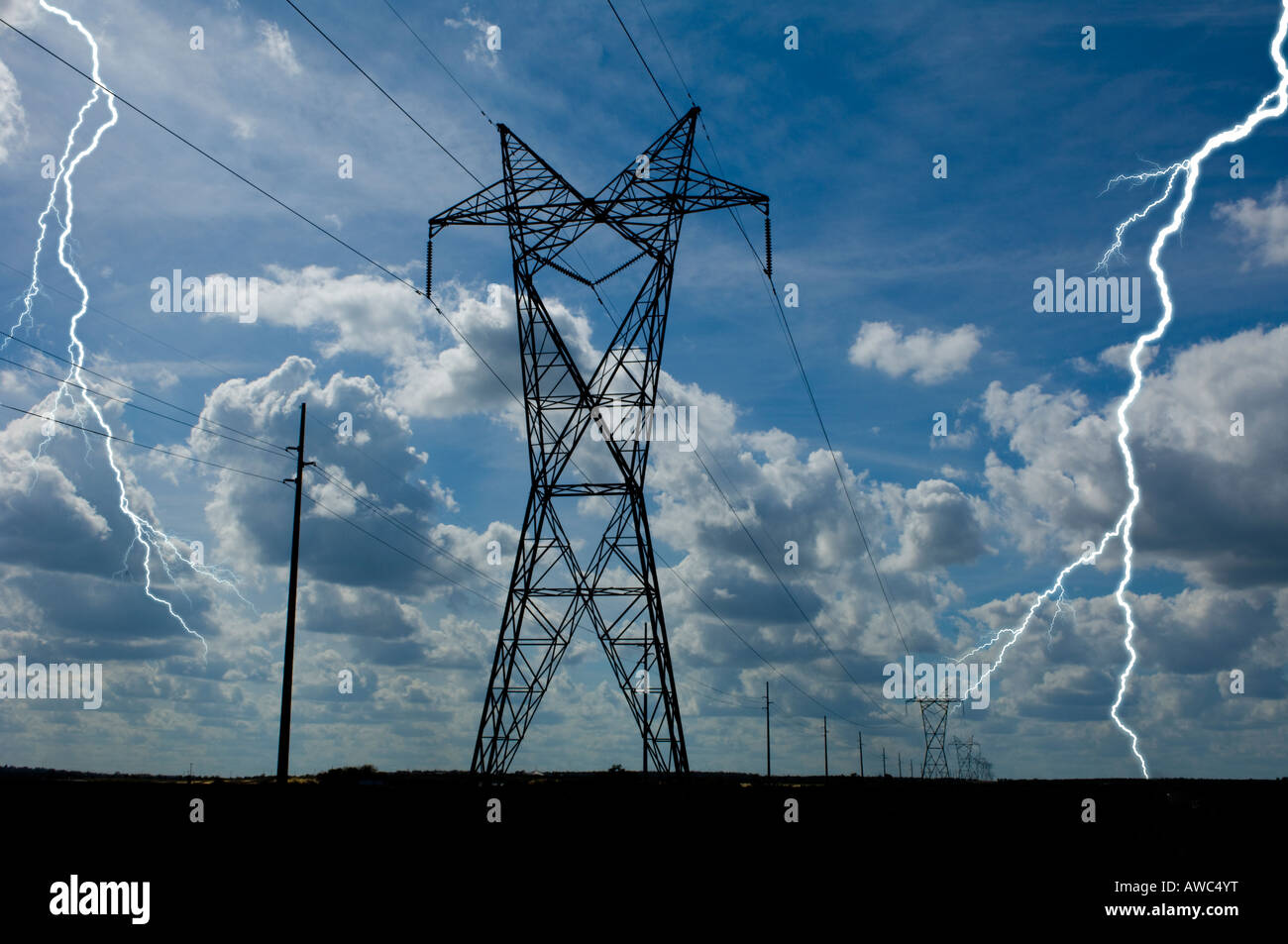 Lightning bolts near power line poles Stock Photo - Alamy