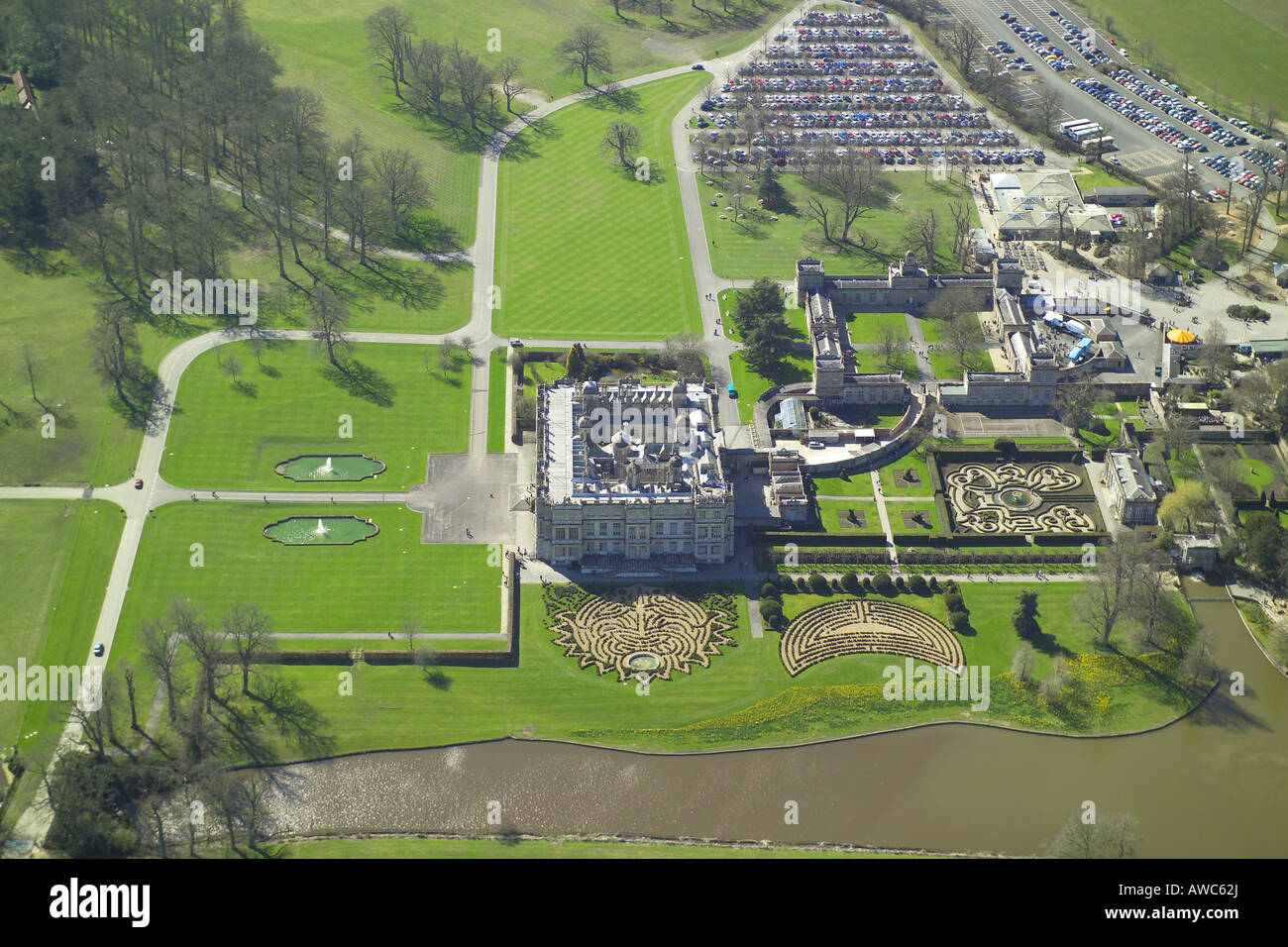Aerial view of Longleat House shown with it's formal gardens and lake ...