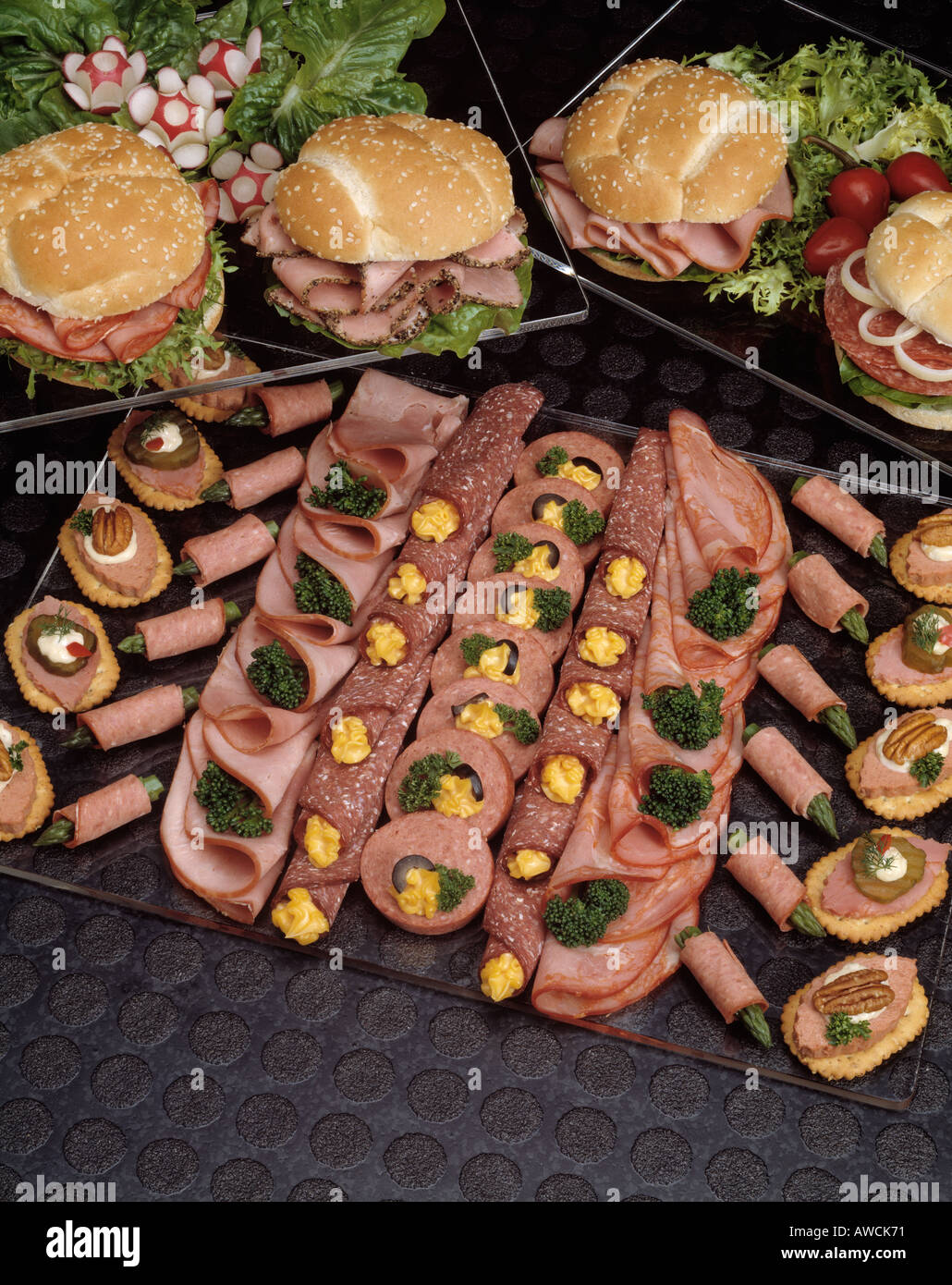 assorted sandwiches appetizers kaiser rolls bologna salami cheese ...