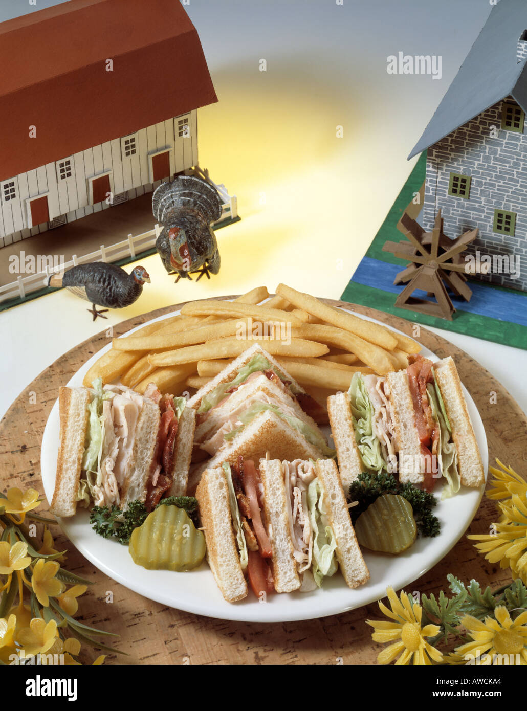 turkey bacon club sandwich white plate slice pickle french fry fries ...