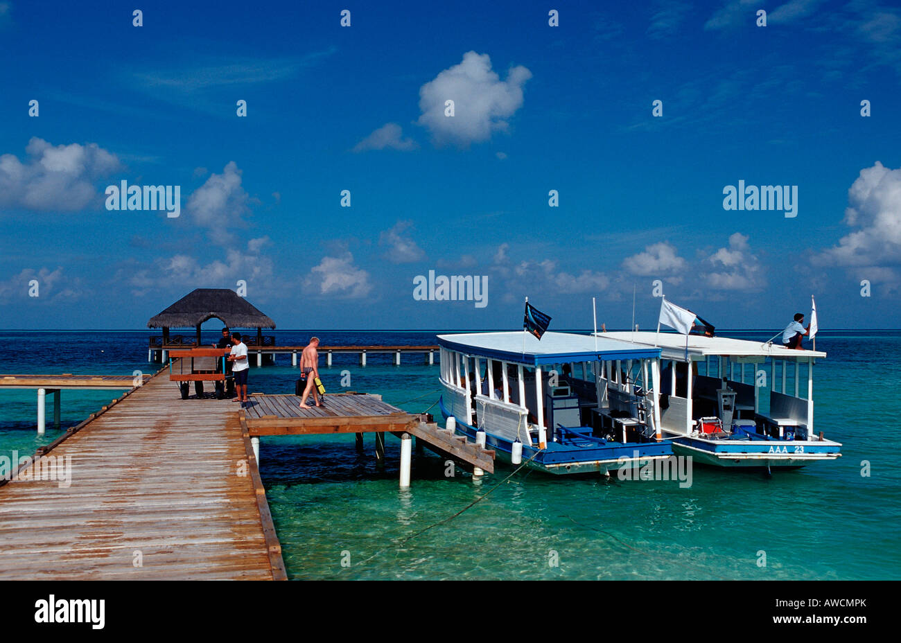 Diving Dhonis at Jetty Maldives Indian Ocean Medhufushi Meemu Atoll ...