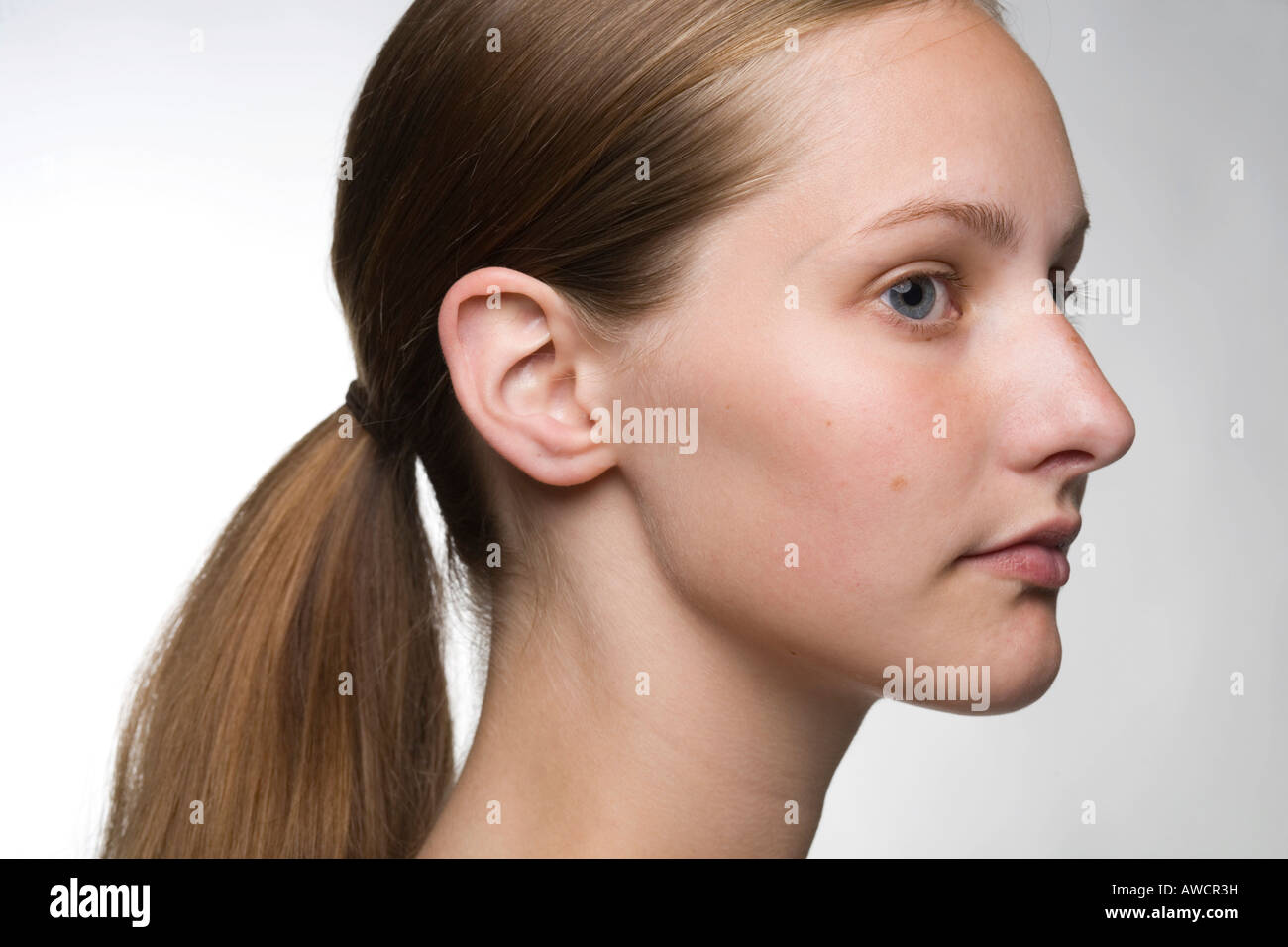 Portrait of long-haired woman with ponytail, profile Stock Photo - Alamy