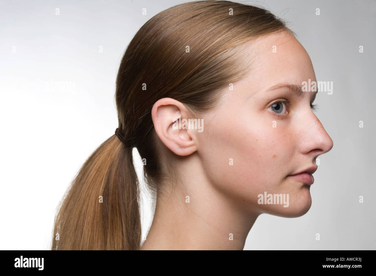 Portrait of long-haired woman with ponytail, profile Stock Photo - Alamy