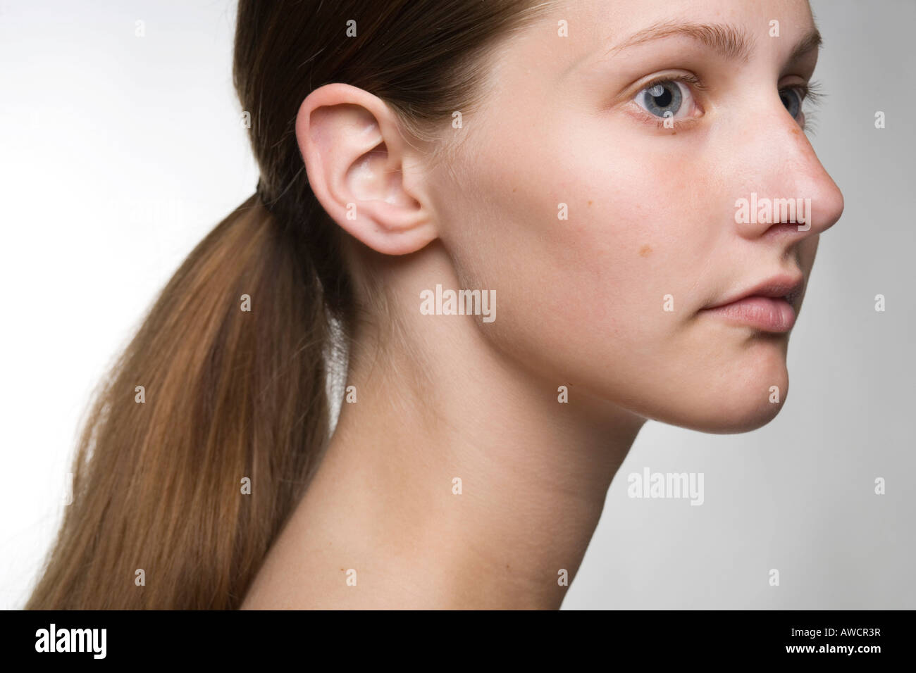 Portrait of long-haired woman with ponytail, profile Stock Photo - Alamy
