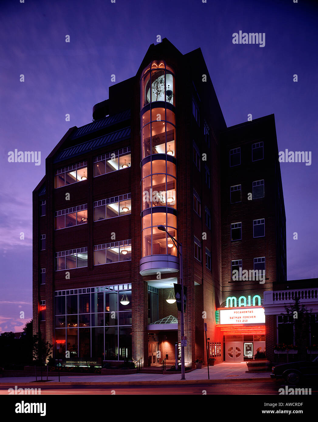 exterior night scene comercial office building movie theatre Stock ...