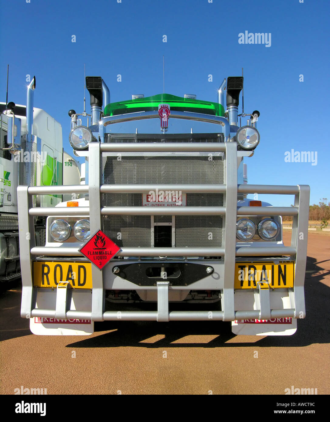 Brand new road trains parked at a gas station Stock Photo - Alamy