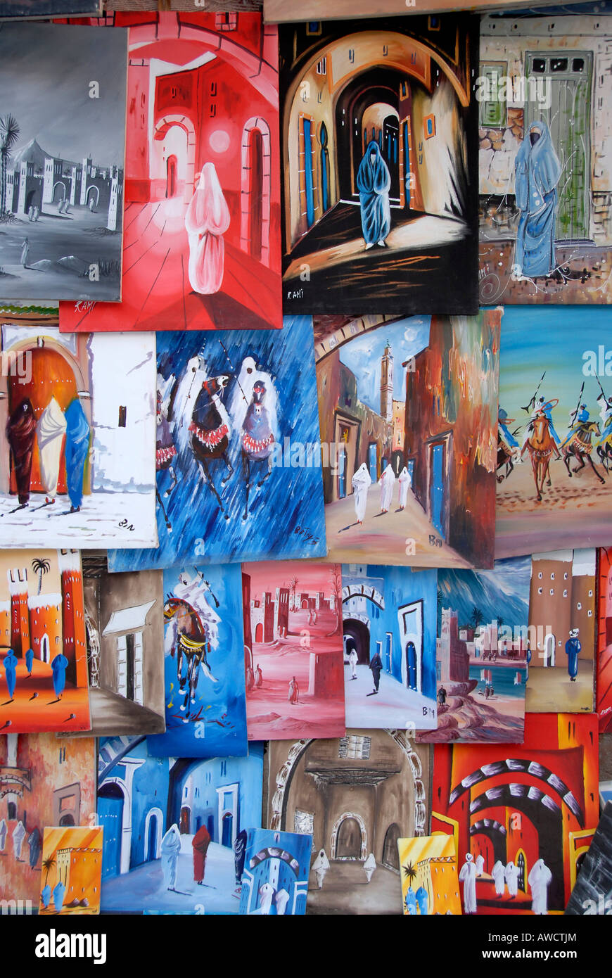 Compilation of many colourful paintings in the medina Marrakech Morocco ...