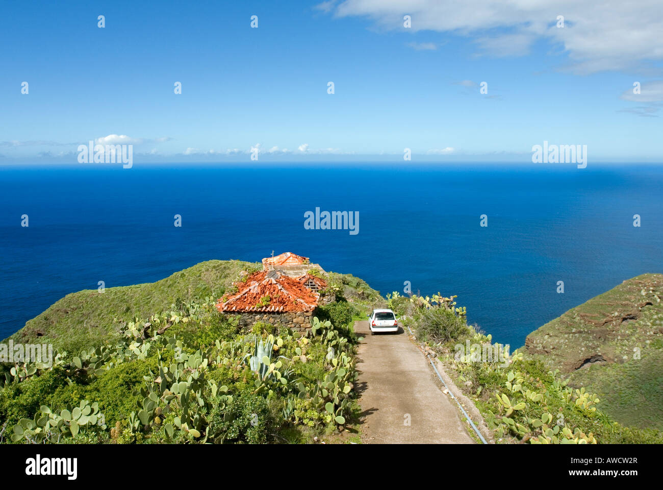 Spain Canary Islands La Palma car at the end of the road over blue ...
