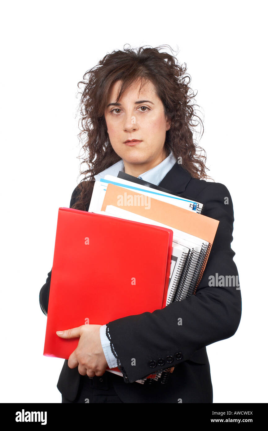Busy business woman carrying stacked files over a white background ...