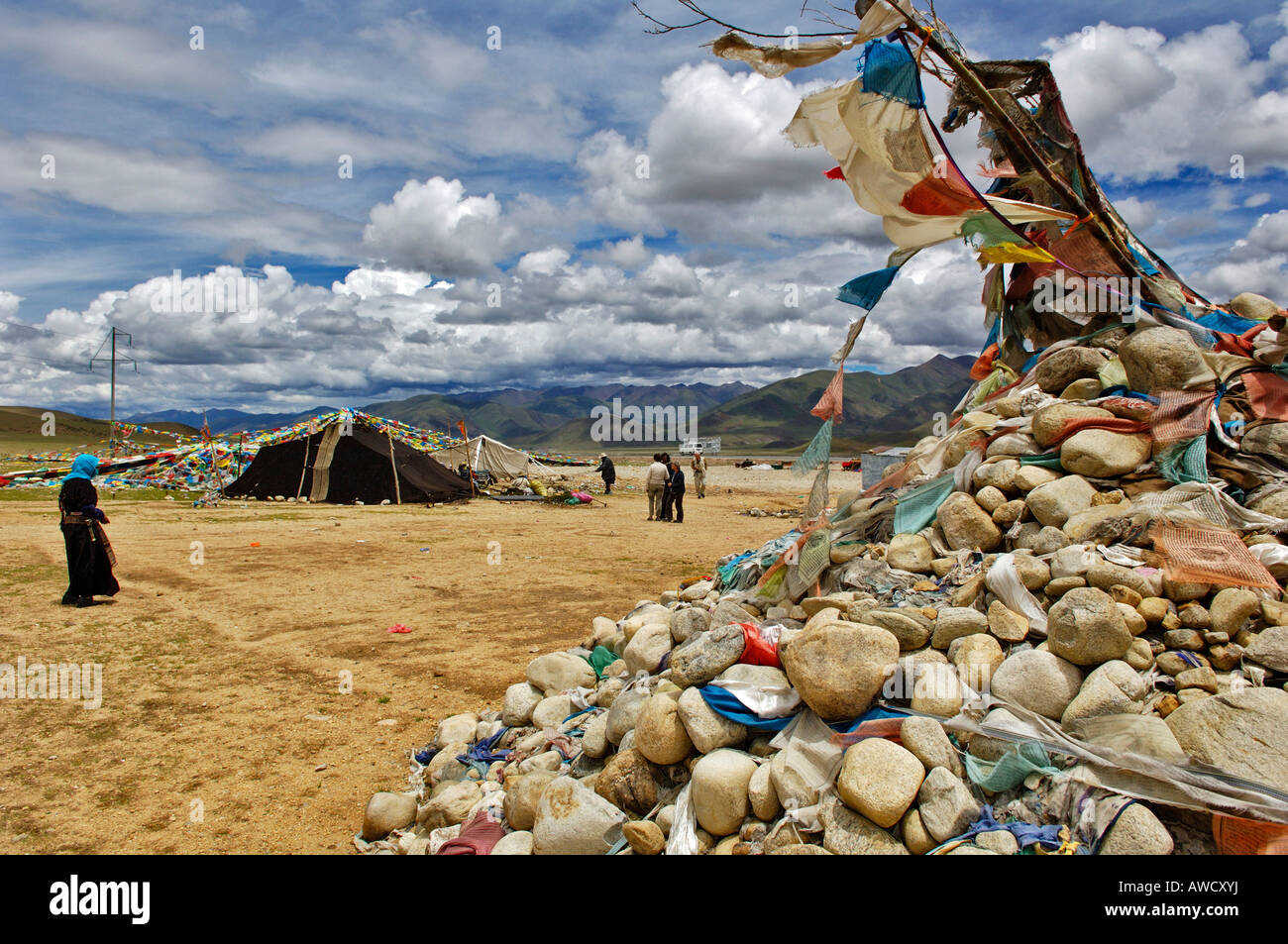 Prayer flags and nomads' tents, rest area, between Dangxiong and the ...