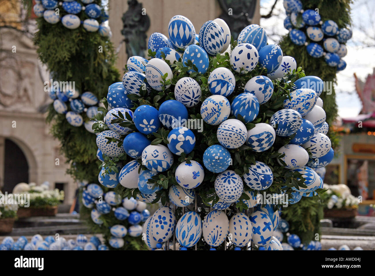 Easter Fountain decorated with hand-painted eggs, Ingolstadt, Bavaria ...