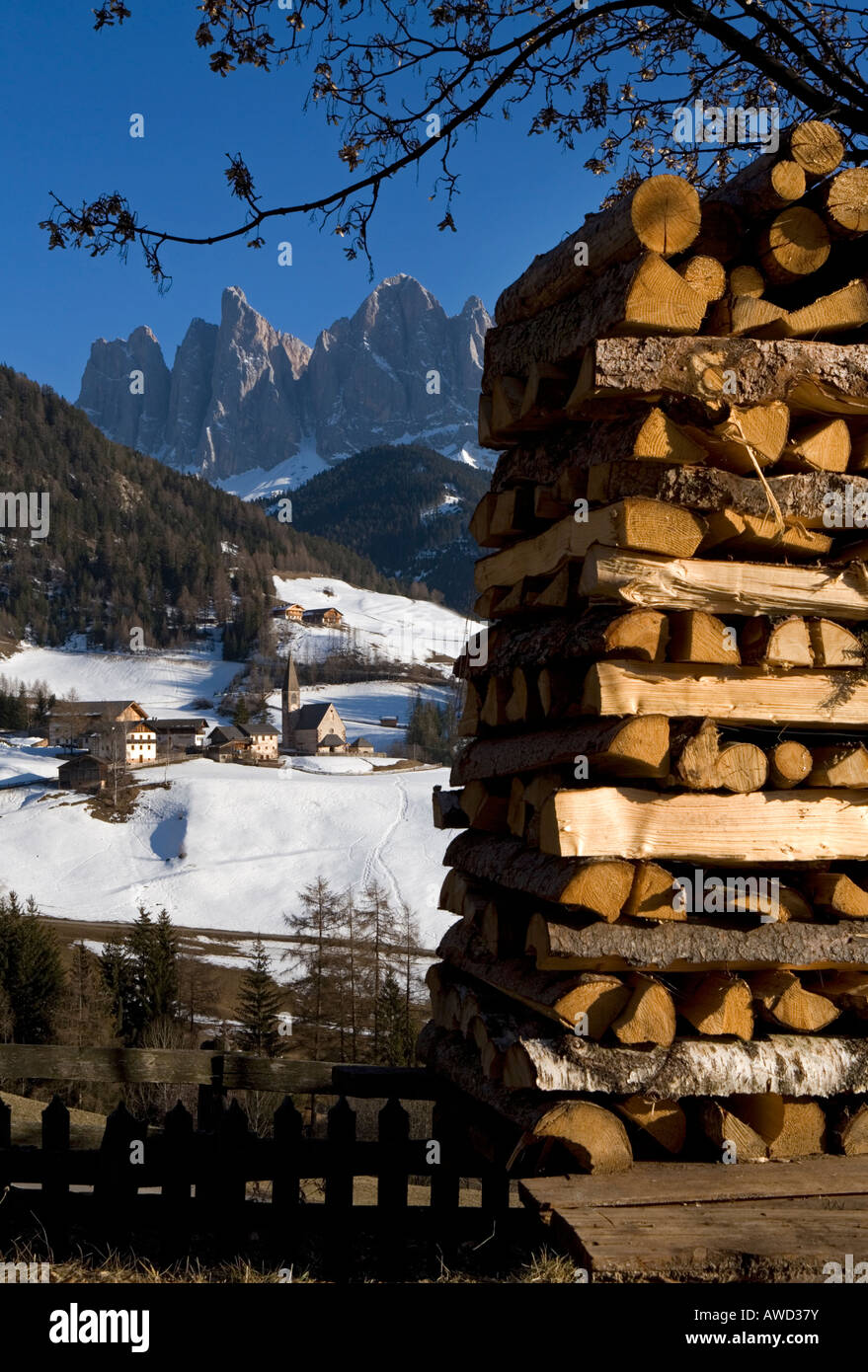 Village of Saint Magdalena in winter snow, Val di funes , Italy Stock ...