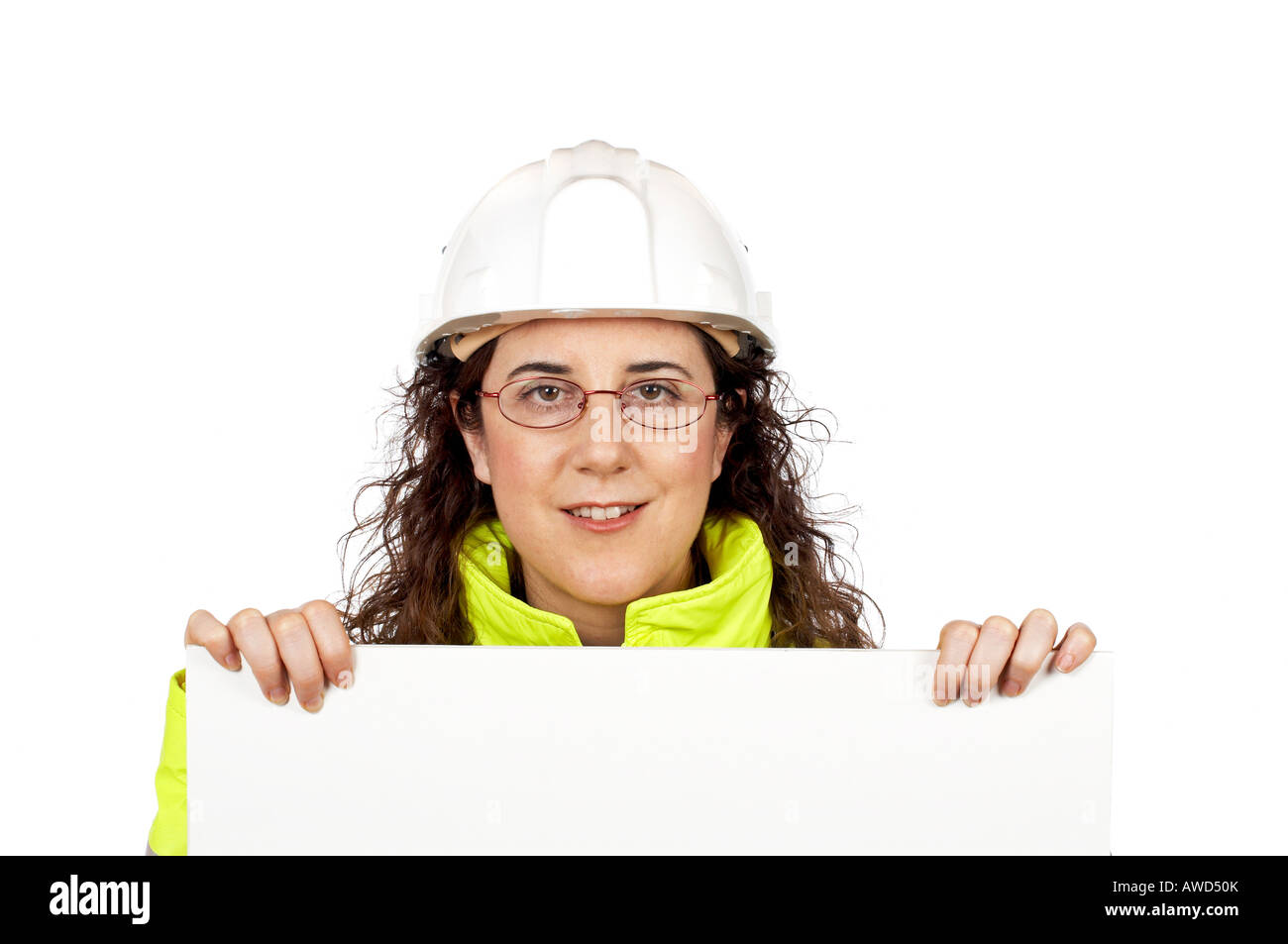 Female construction worker behind the blank banner Stock Photo - Alamy