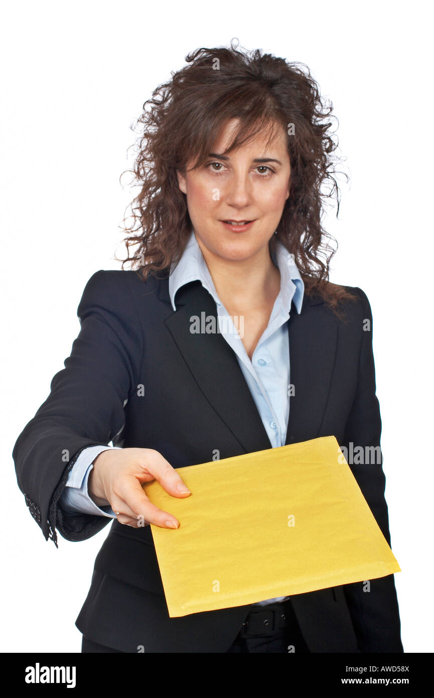 Business woman handing a envelope over a white background Stock Photo ...