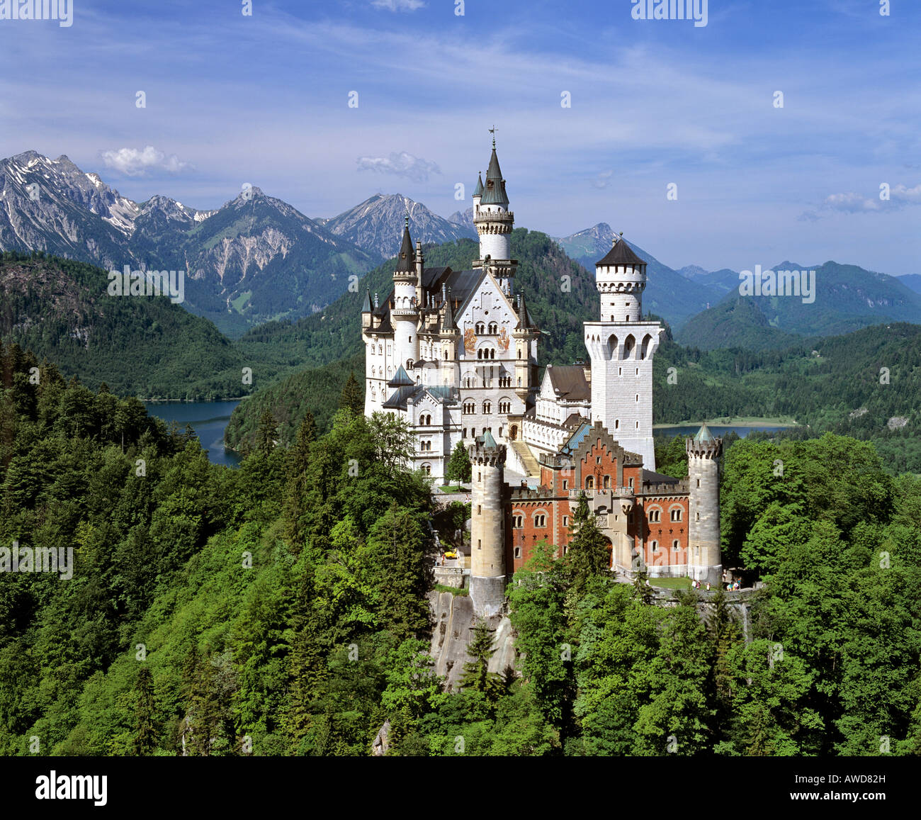 Neuschwanstein Castle in summer, Panorama, Alp lake, Fuessen ...