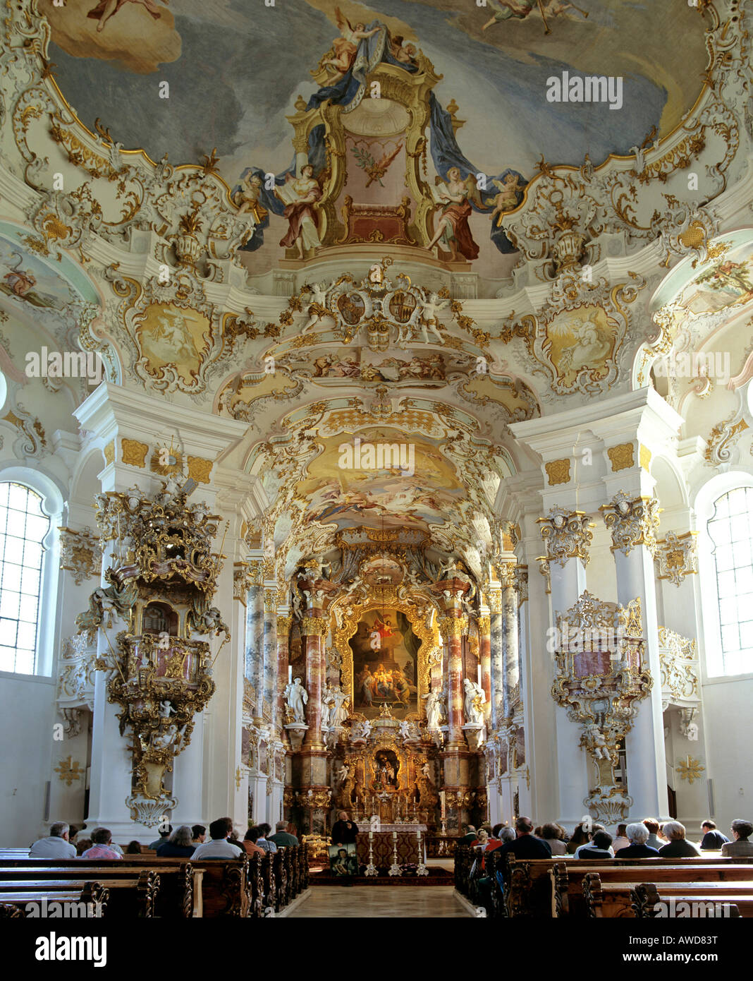 Wieskirche, altar, ceiling frescos, Steingaden, Pfaffenwinkel, Upper ...