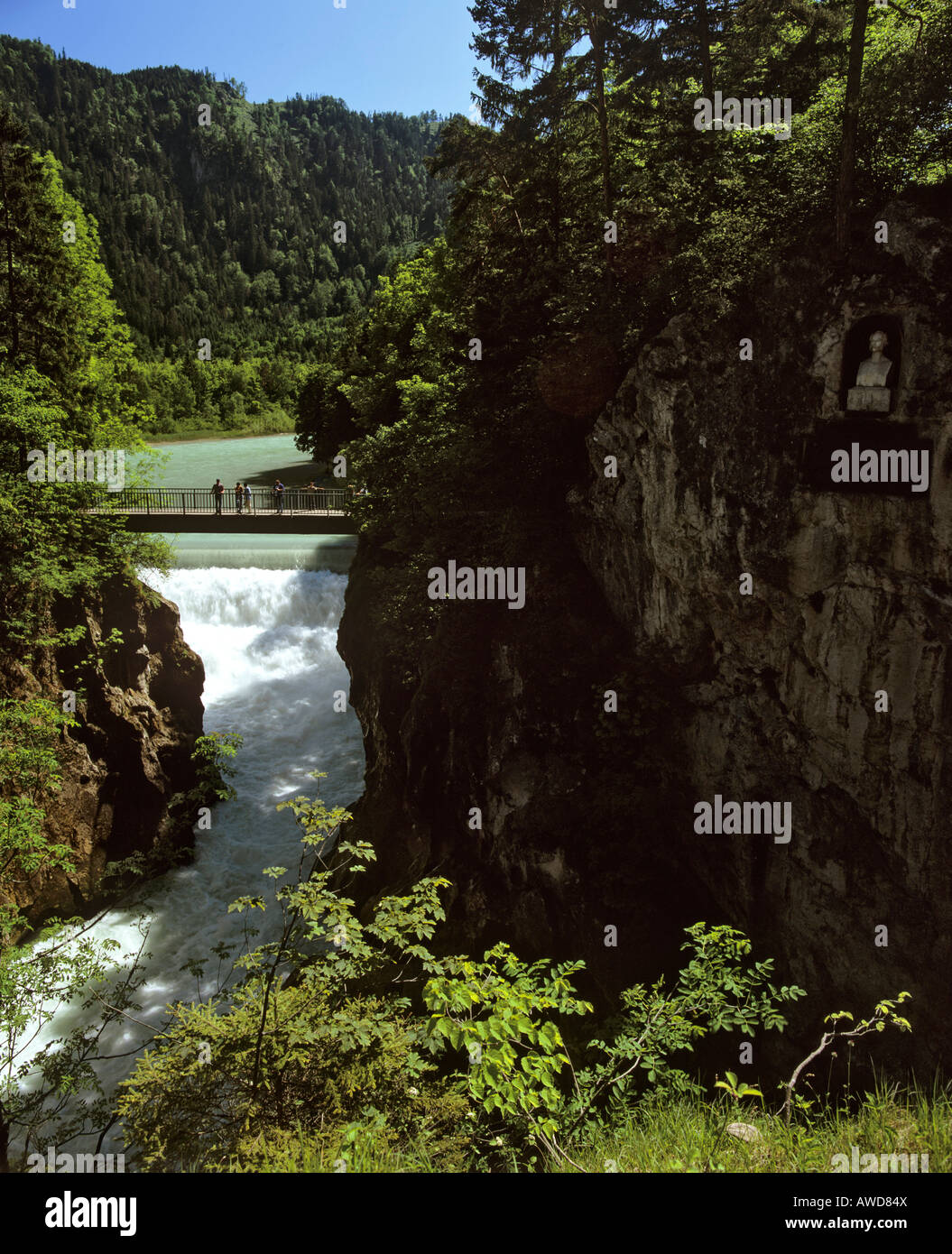 Lech Waterfall and pedestrian bridge near Fuessen, Allgaeu, Bavaria ...
