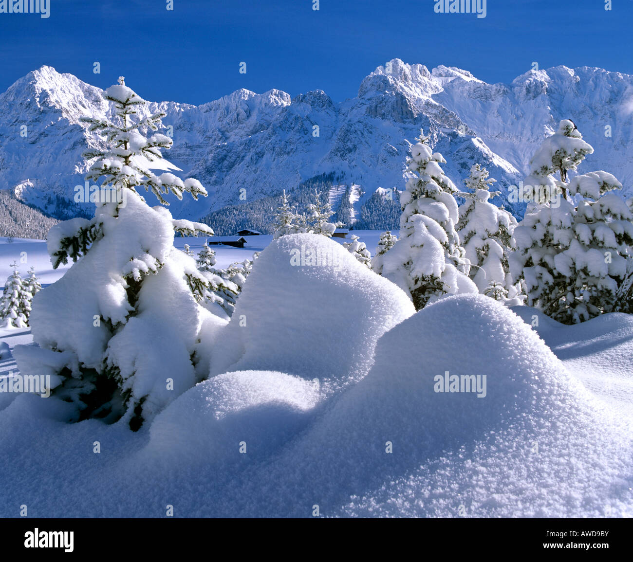 Snowy winter landscape with snow mounds, Karwendel mountains, Upper ...
