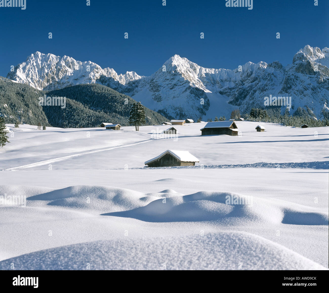 Snowy winter landscape near Mittenwald, Karwendel mountains, Woerner ...