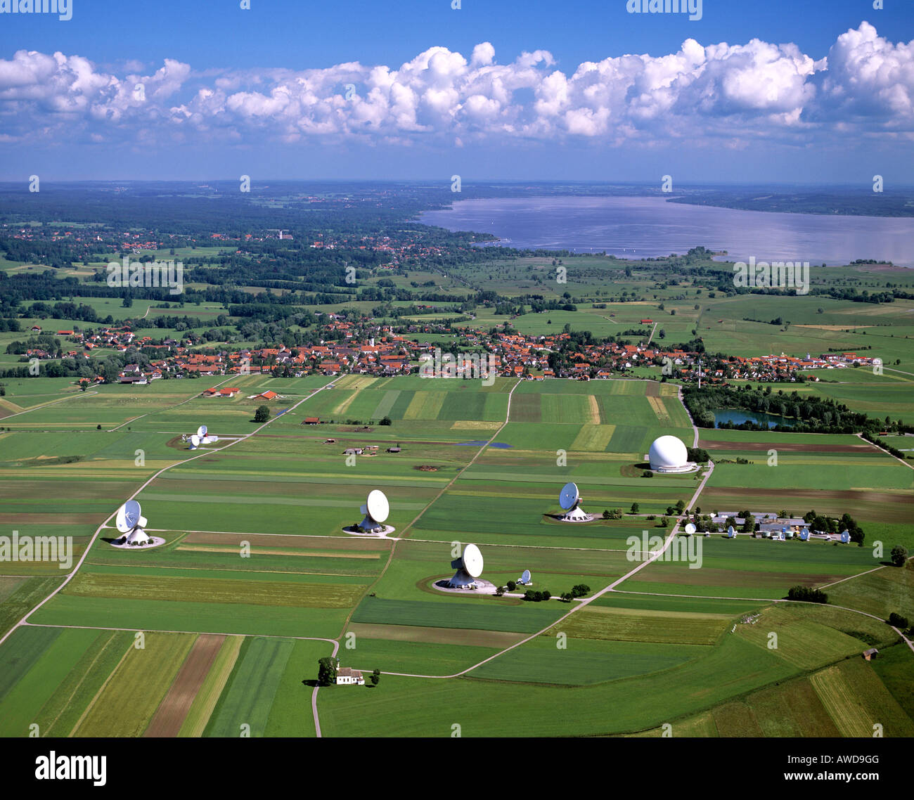 Satellite Earth Station Raisting, Ammersee (Lake Ammer), aerial view ...
