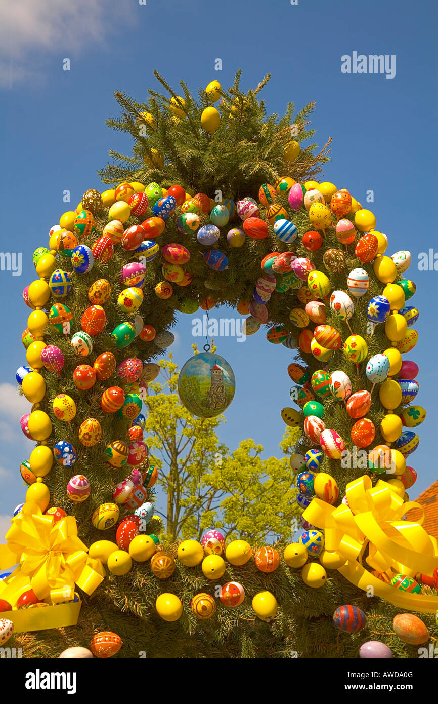 Easter fountain, top with coloured eggs, Waischenfeld, Franconian ...