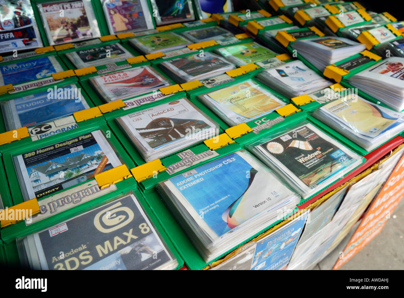 Pirate software on CD and DVD at a stall at Khaosan Road, Bangkok ...