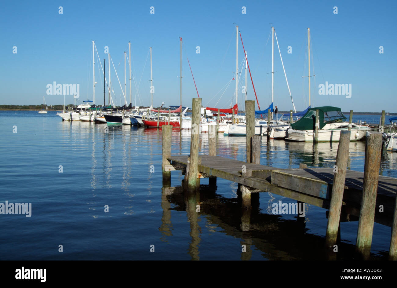 Boats on a pontoon in the Bellport marina Long Island New York USA ...
