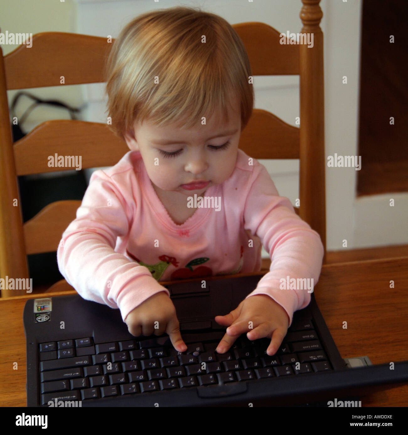 A little girl with fingers on the keypad learning to use a laptop ...