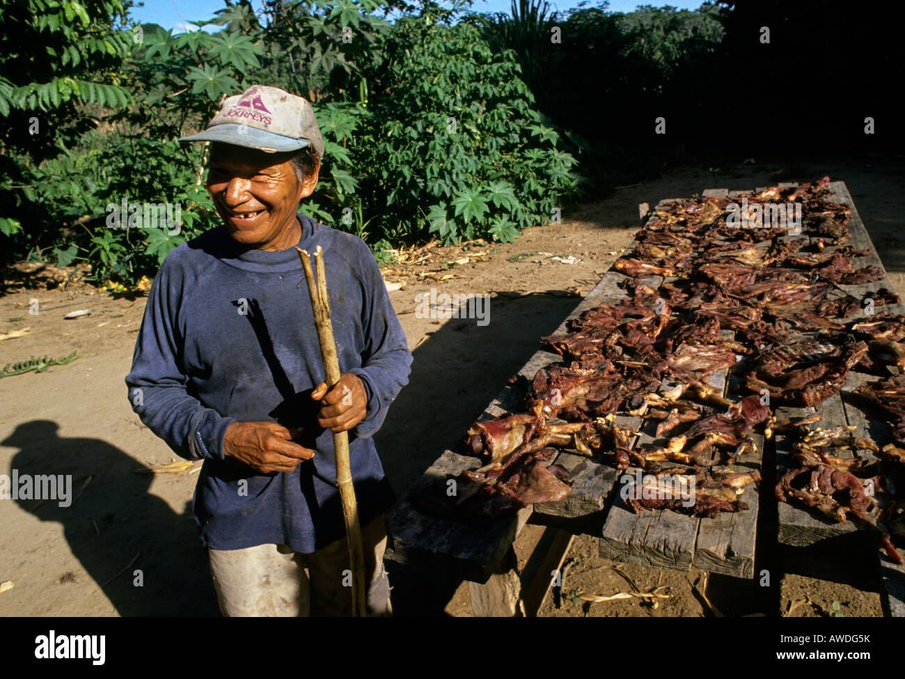 Amazon farmer with table of jungle or bush meat monkeys peccaries and ...