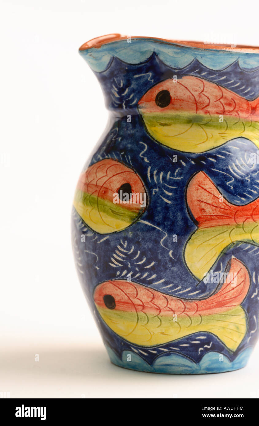 Ceramic jug with colourful fish sea marine decoration Stock Photo - Alamy