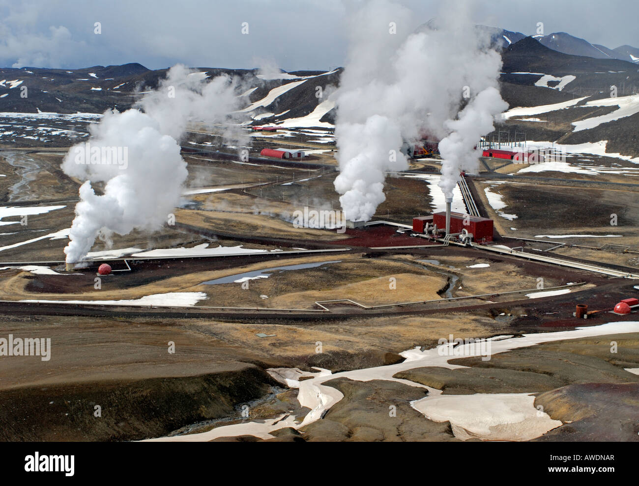 Volcanic landscape Krafla geothermal power plant viewed from nearby ...