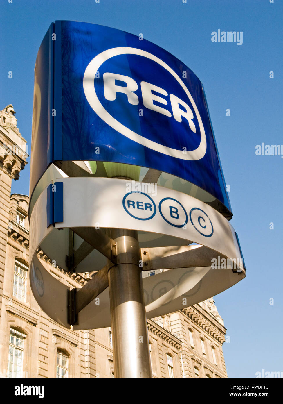 RER integrated transport system sign to subway station Paris France ...